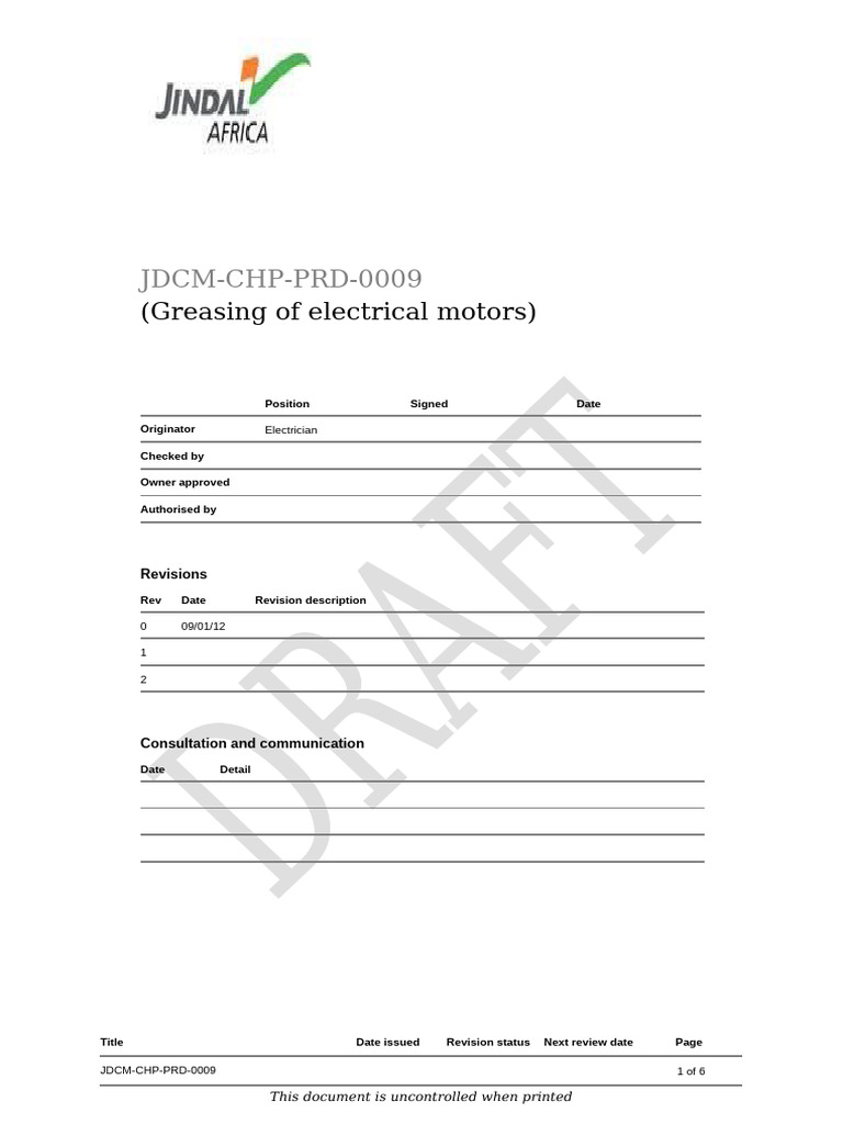 JDCM-CHP-PRD-2024.5 Greasing of electrical motor | PDF | Personal Protective Equipment | Electricity