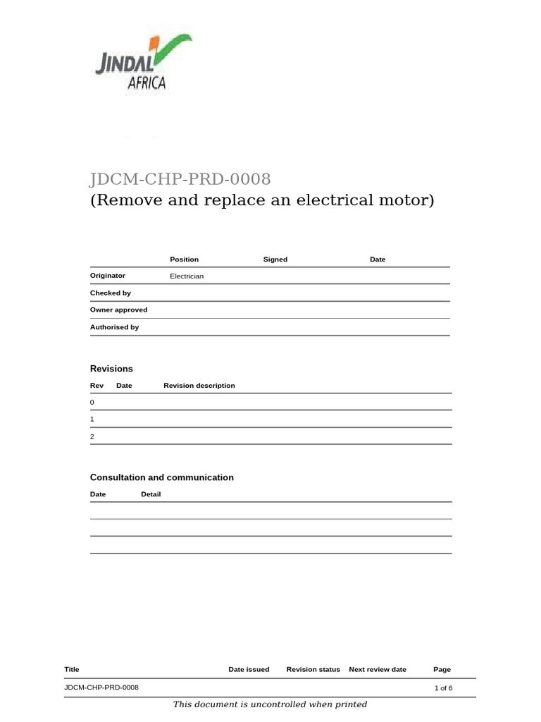 JDCM-CHP-PRD-2024.4 Removal and Replacement of An Electrical Motor | PDF | Electricity ...