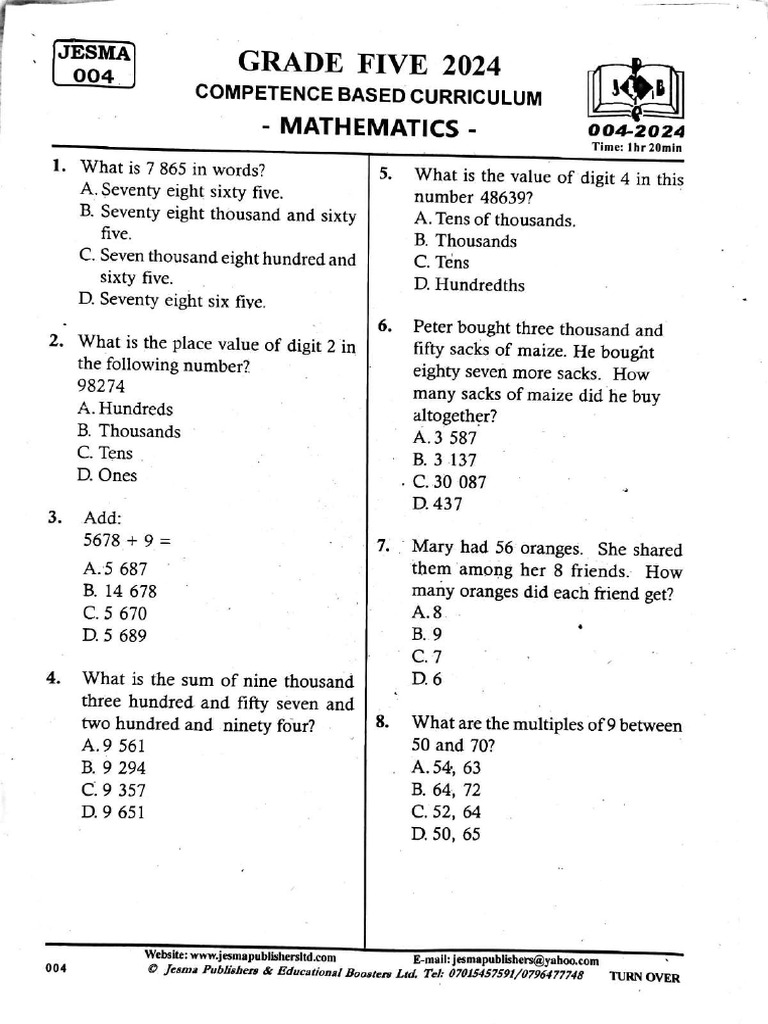 Grade 5 004 Jesma All Subjects With Marking Scheme PDF | PDF