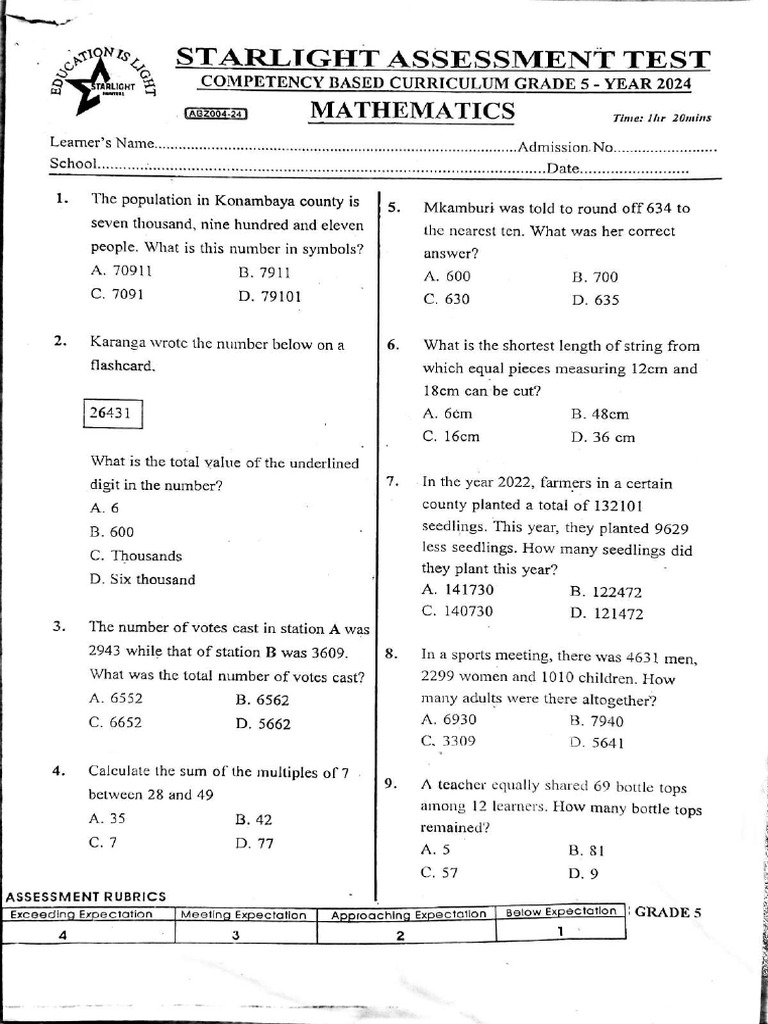 Grade 5 004 Starlight Assessment Test All Subjects With Marking Scheme ...