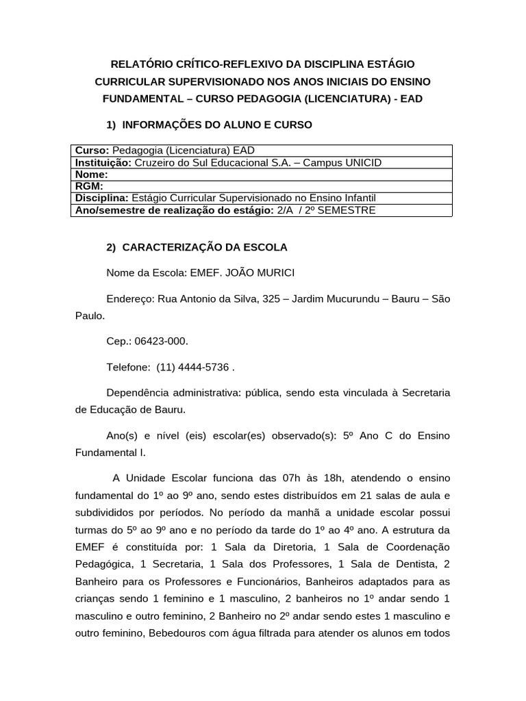 Relatório de Estágio Anos Iniciais | PDF | Pedagogia | Aprendizado