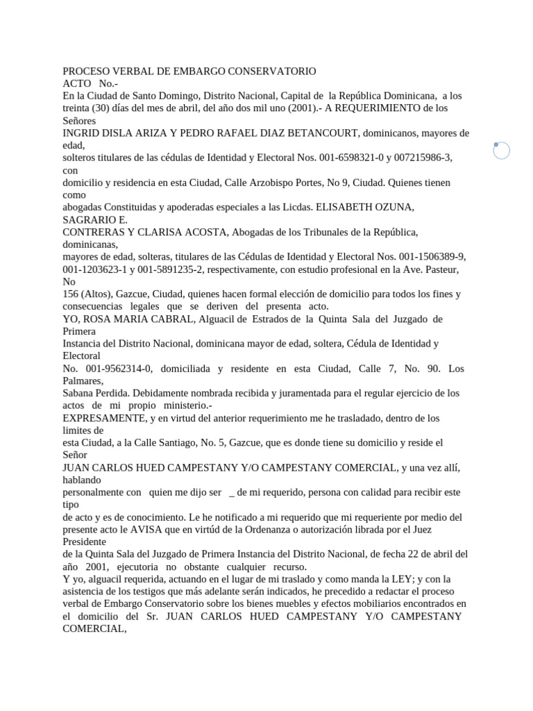 Proceso Verbal de Embargo Conservatorio | PDF | República Dominicana ...