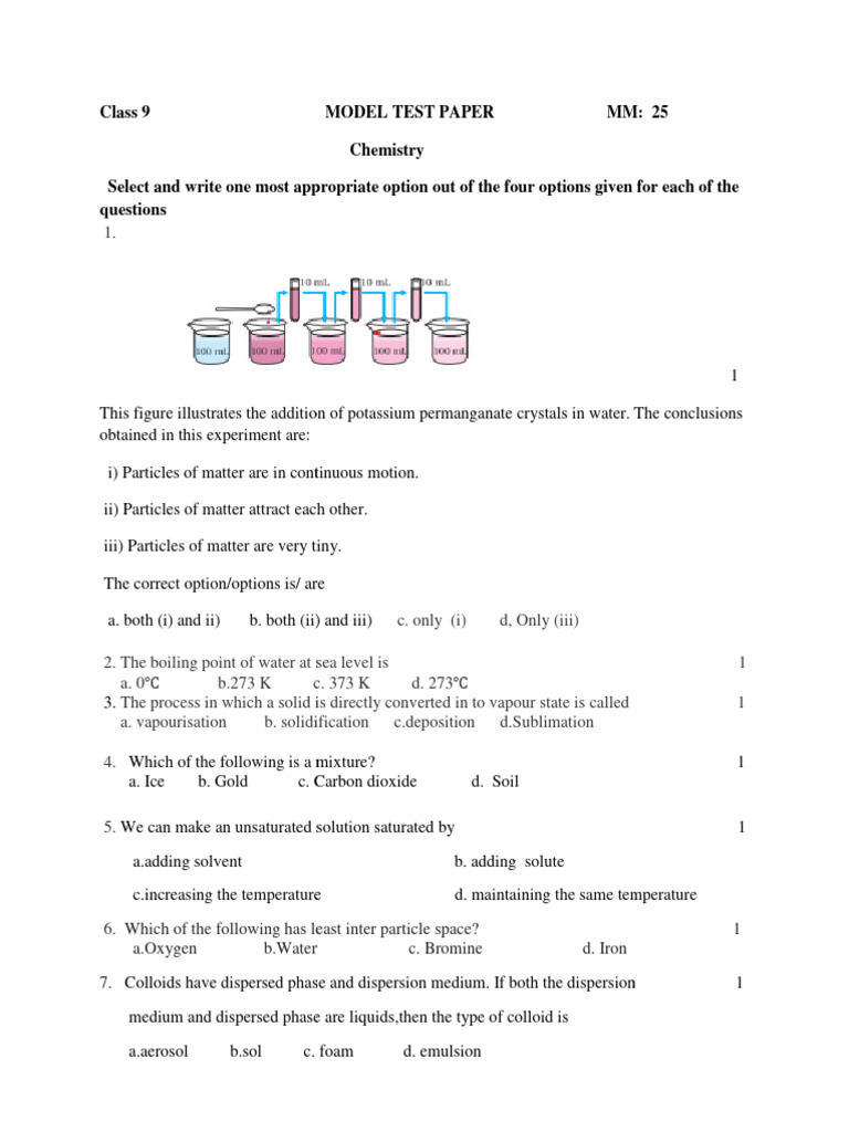 Chemistry - Class 9th - Model Test Paper | PDF | Solubility | Colloid