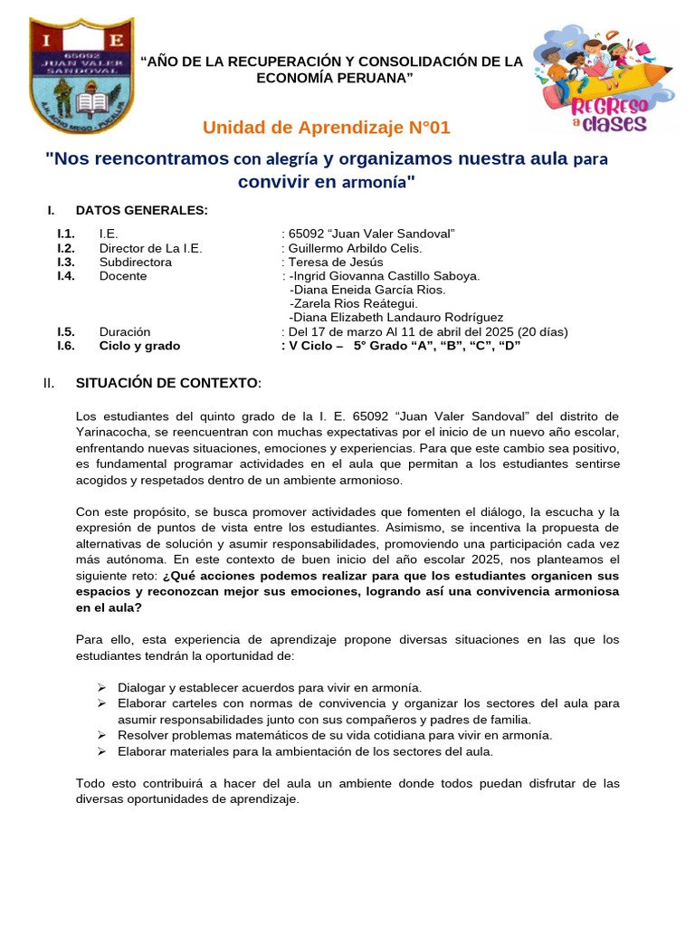 Unidad 1 - 5° Grado - 2025-JVS | PDF | División (Matemáticas ...