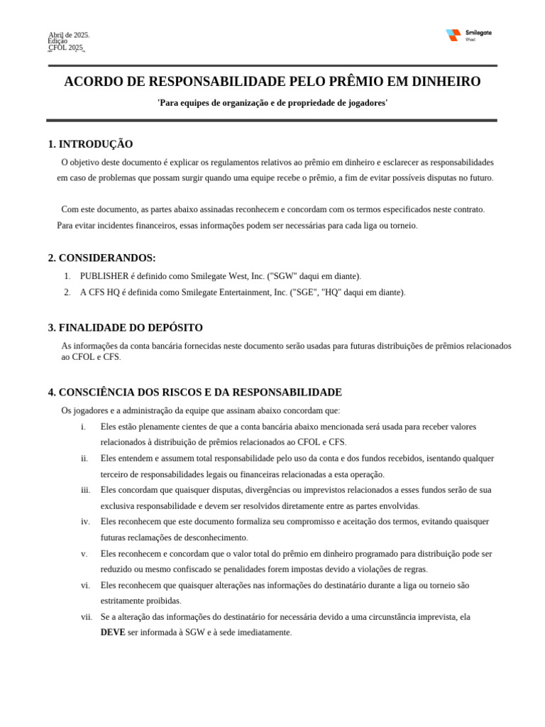 Acordo de Prêmio em Dinheiro CFOL 2025 | PDF | Conta de transação ...