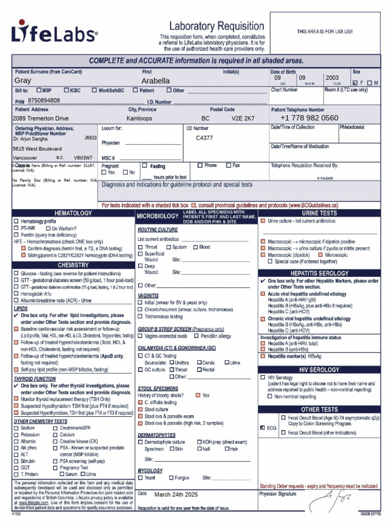 Arabella Gray - Lab - LifeLabs | PDF