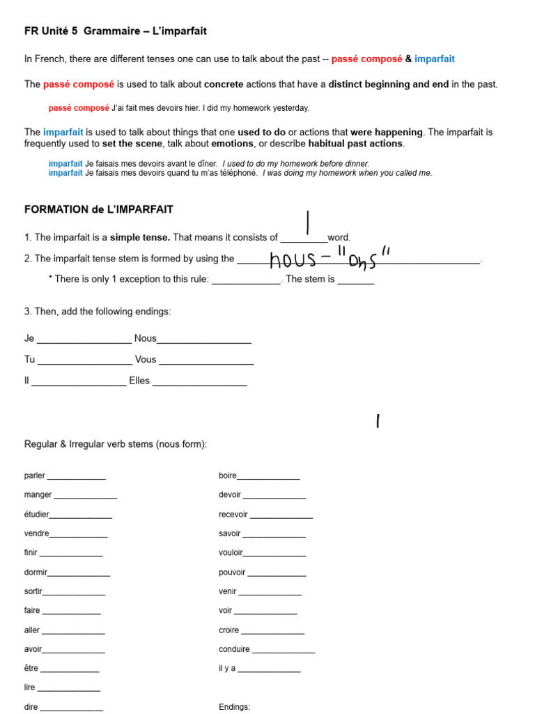 NOTES - Imparfait | PDF