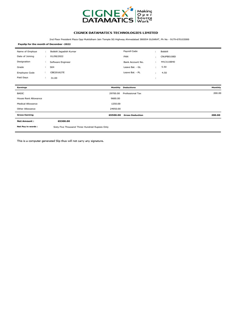 December 2022 Payslip for Bobbili Kumar | PDF