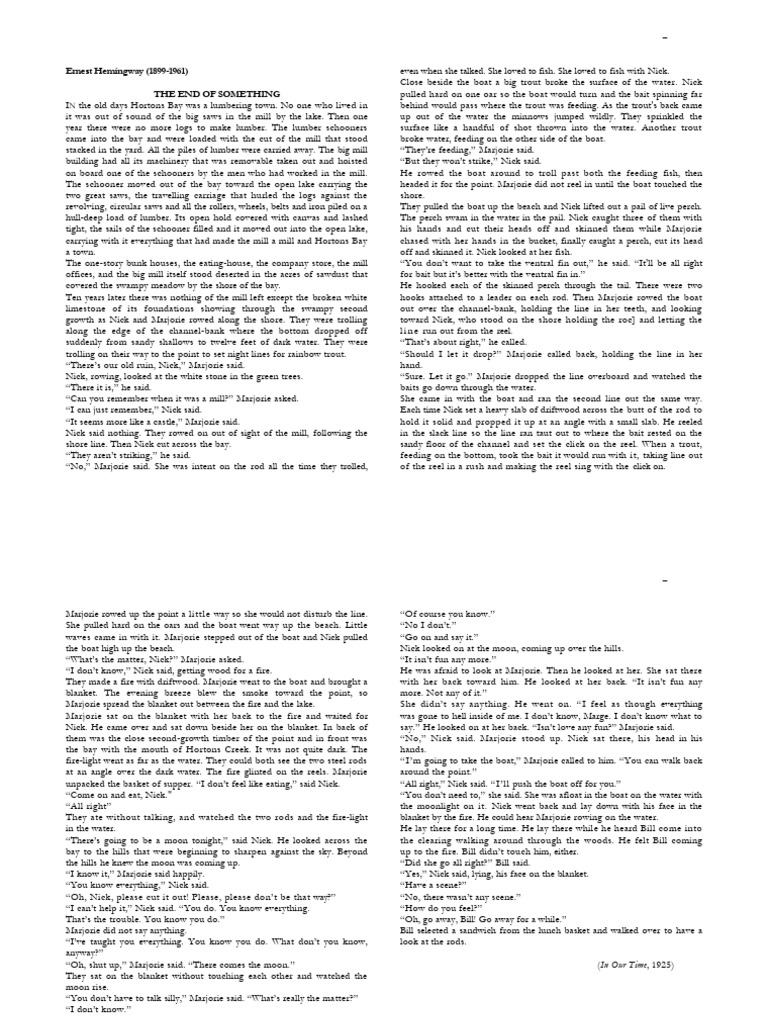 Ernest Hemingway - The End of Something | PDF