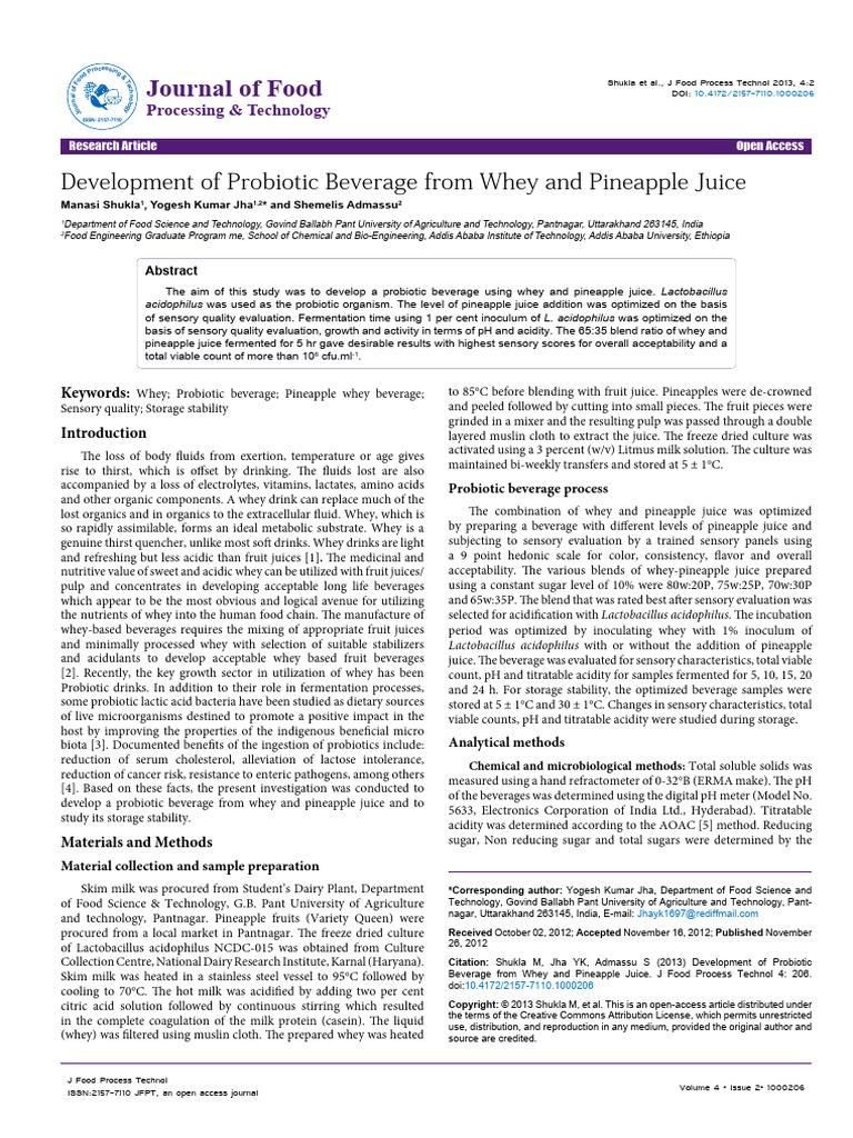 Development of Probiotic Beverage From W | PDF | Probiotic | Juice