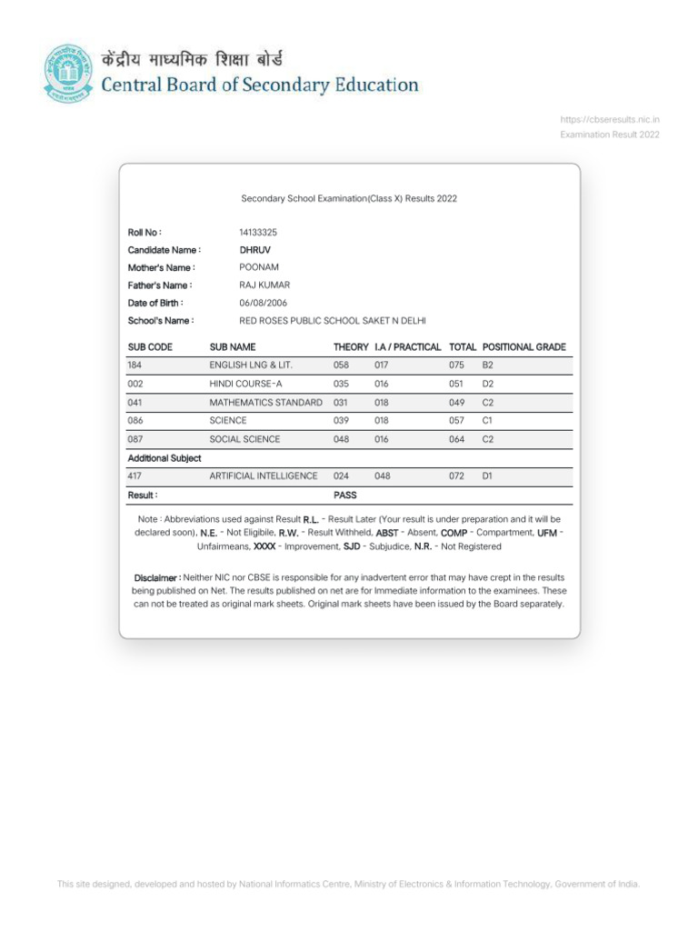 CBSE Class 10 Result 2022 - Dhruv | PDF | Qualifications | Secondary ...