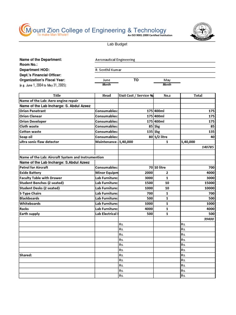 M Ount Zion College of Engineering & Technology: Lab Budget | PDF