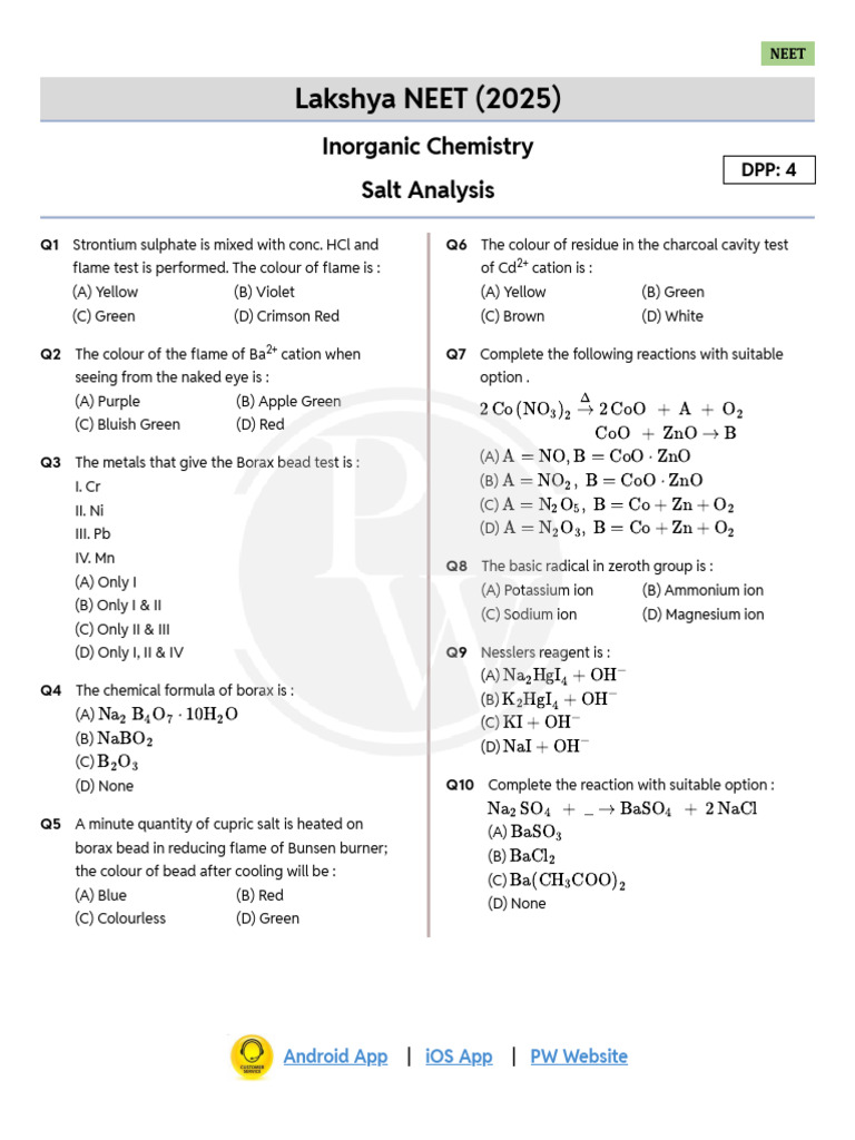 DPP 04 Salt Analysis Lakshya NEET 2025 Inorganic Chemistry Surendra ...