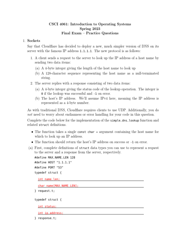 Csci4061 Final Exam Practice Sol | PDF | Network Protocols | Computer Programming