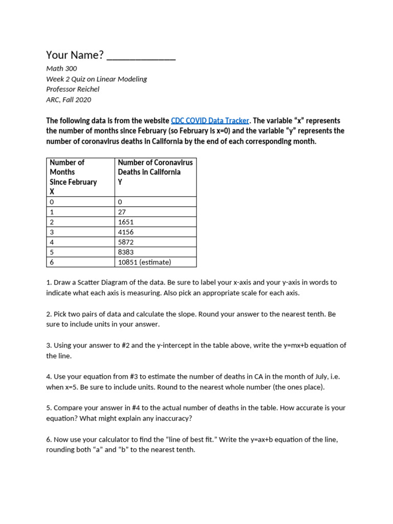 Linear Modeling Quiz: COVID Deaths Analysis | PDF