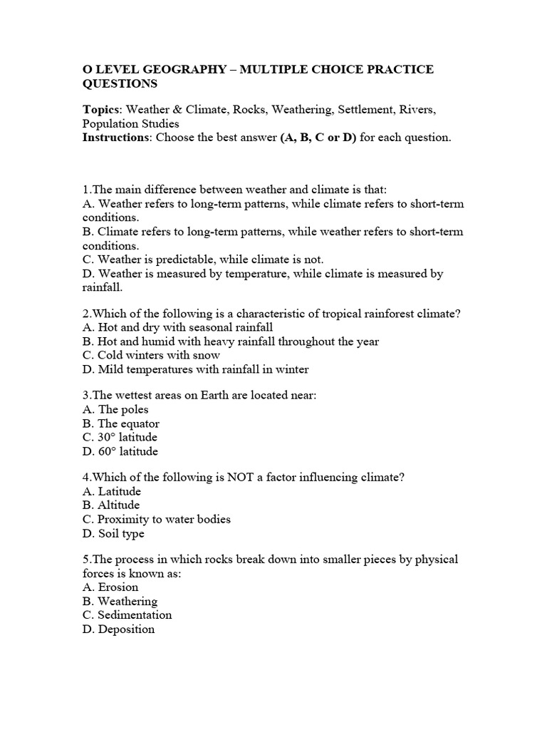 O Level Geography - Multiple Choice Practice Quest | PDF | River | Erosion