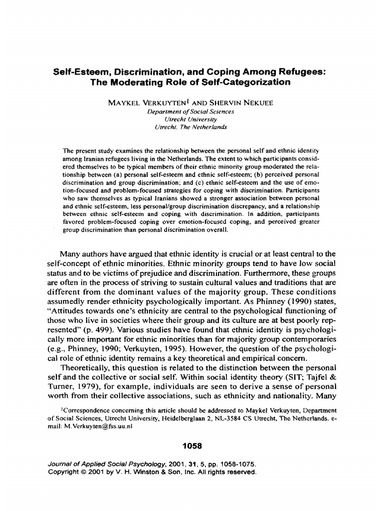 J Applied Social Pyschol - 2006 - Verkuyten - Self Esteem Discrimination and Coping Among ...