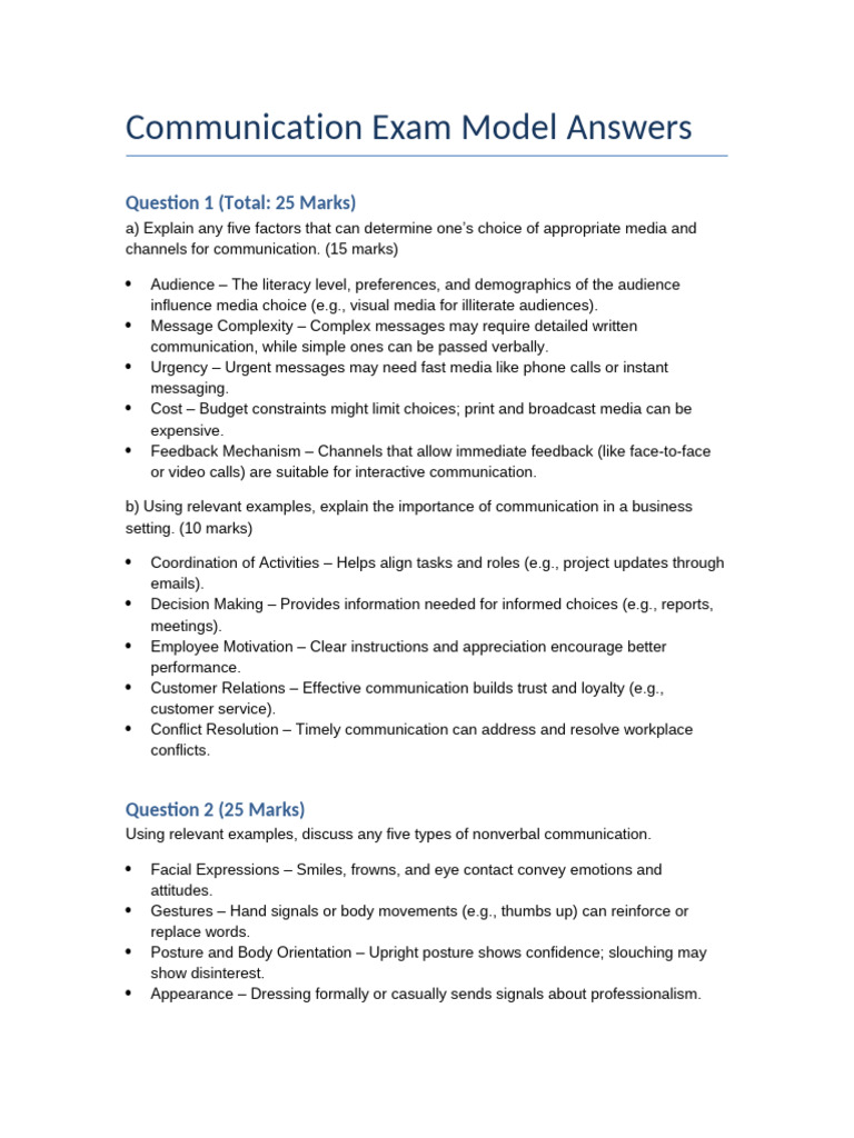 Communication Exam Model Answers | PDF | Communication | Human Communication