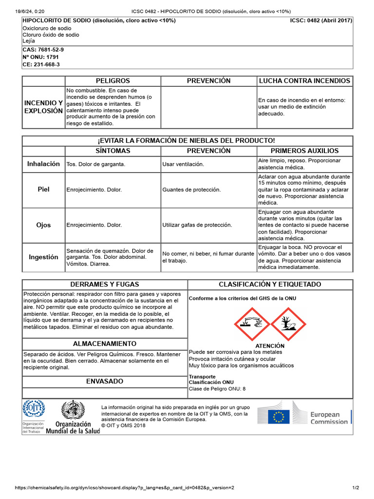Icsc 0482 - Hipoclorito de Sodio (Disolución, Cloro Activo - 10%) | PDF | Cloro | Sustancias ...