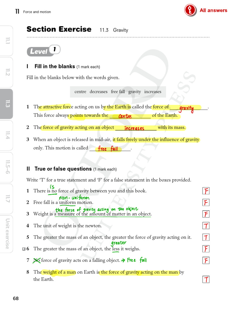Unit 11.3 Workbook Answer | PDF | Weight | Force