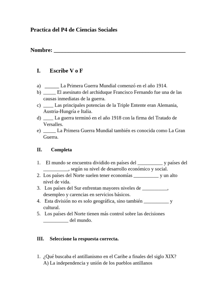 Practica Del P4 de Ciencias Sociales | PDF | Primera Guerra Mundial ...