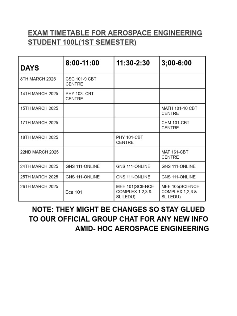 1st Semseter Exam Timetable | PDF