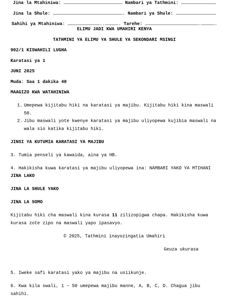 Grade 9 Kiswahili Paper 1 | PDF