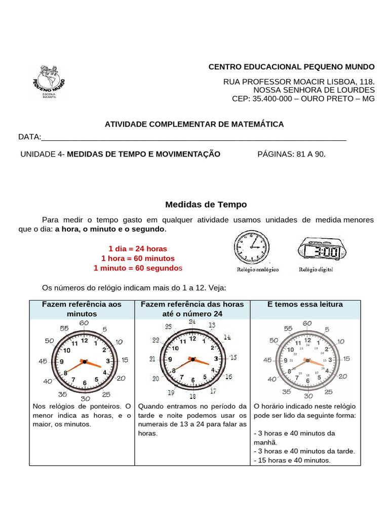 3º Ano Atividade Complementar 7 A 11 de Abril | PDF | Dormir | Tempo