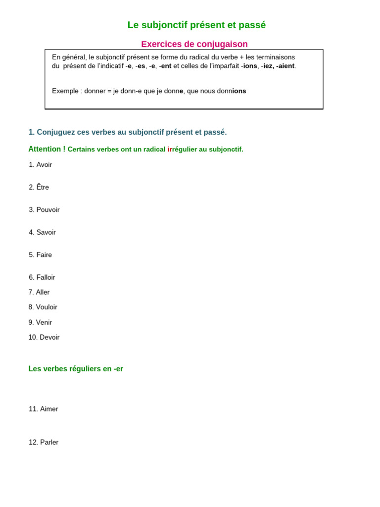 Exercices sur le subjonctif présent et passé | PDF | Verbe | Linguistique