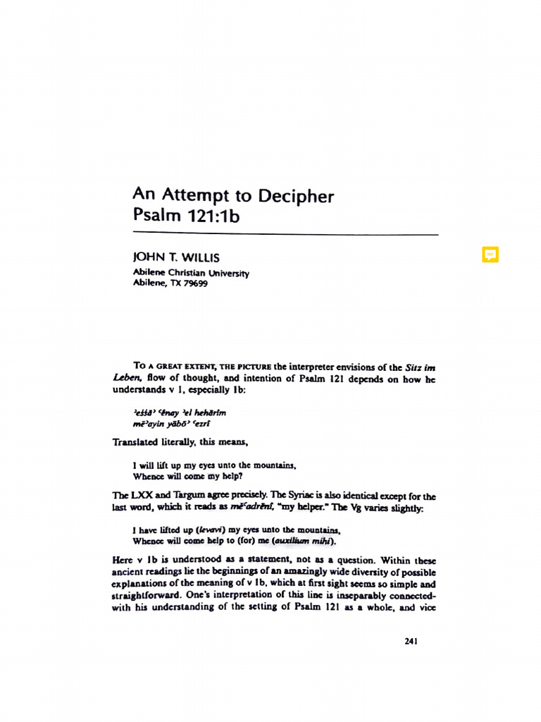 John T. Willis - An Attempt To Decipher Psalm 121.1b | PDF | Psalms ...