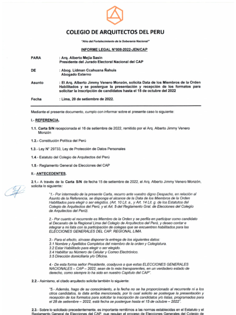 INFORME LEGAL 008 - 2022 - JEN - Consulta de Arq Jimmy Venero Monzon ...
