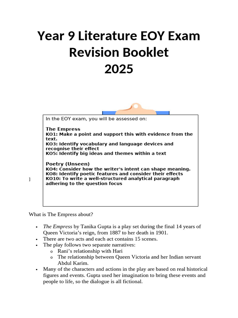 Year 9 Literature Revision Booklet 2025 | PDF | Poetry