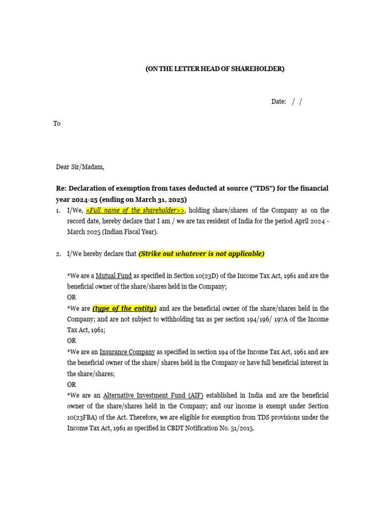 Self Declaration For Resident SH Other Than Individuals | PDF | Taxes | Income Tax