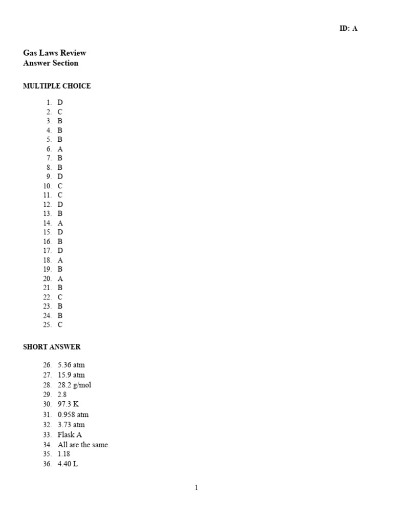 Gas Law Review Answers | PDF
