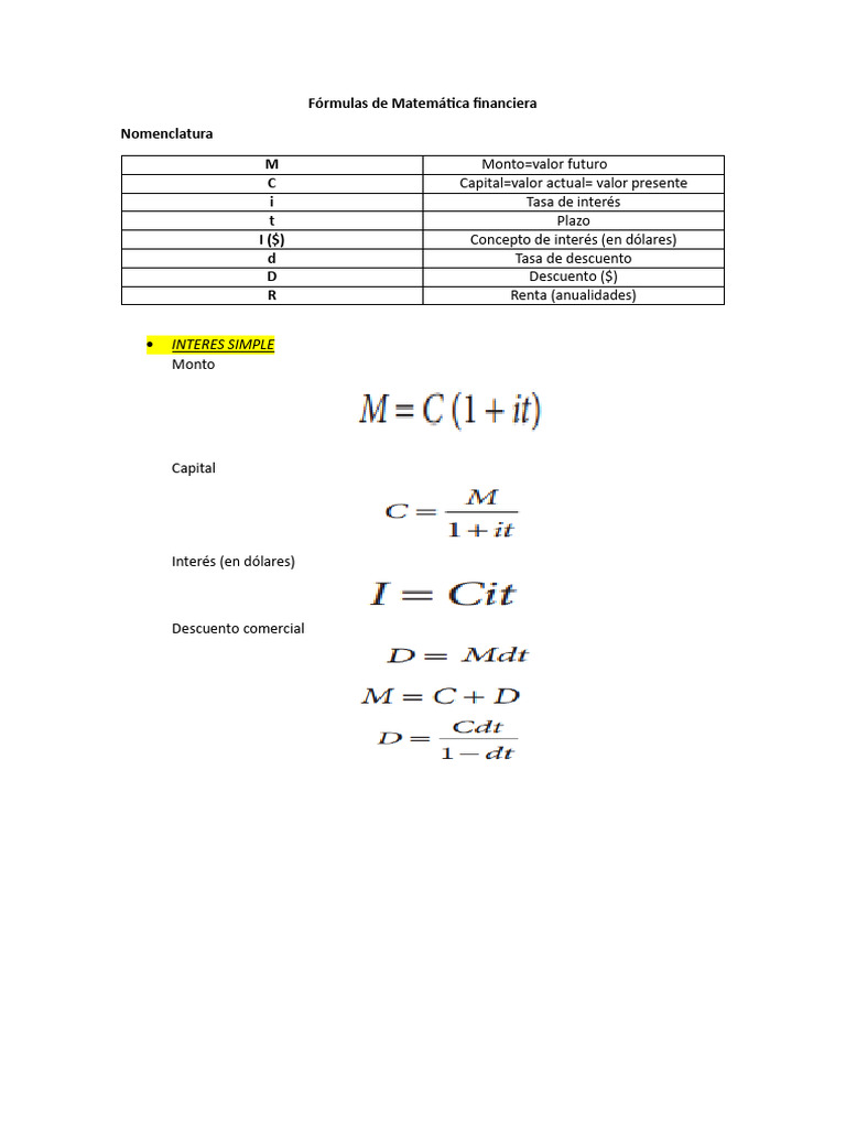 Fórmulas de Matemática Financiera | PDF