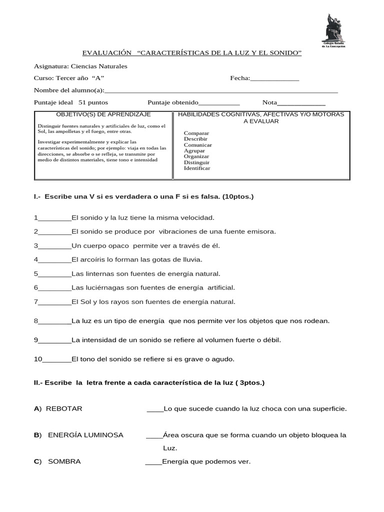 Evaluación de Ciencias La Luz y El Sonido - Doc Versión 1 | PDF ...