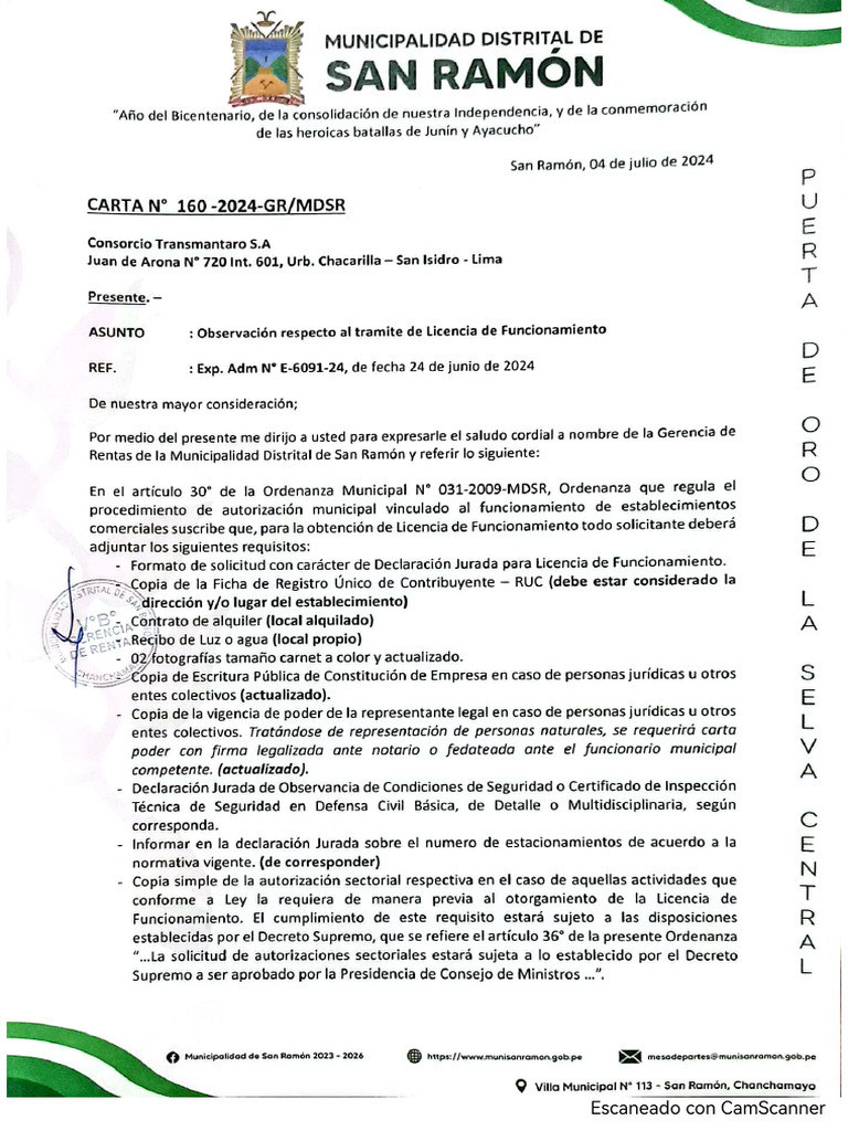 Carta N 160 2024 GR MDSR - Yanango | PDF