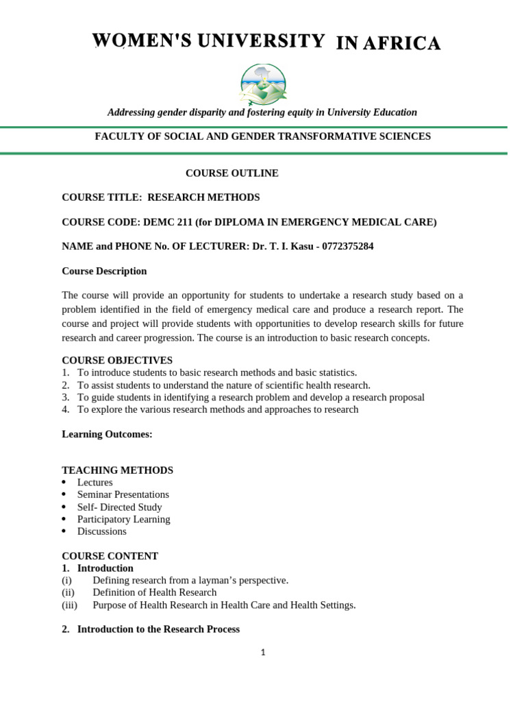 Revised DEMC 211 Research Methods Course Outline | PDF | Methodology ...