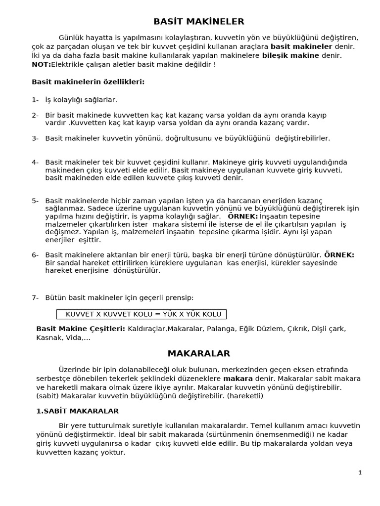 Basit Makineler Ders Notu | PDF