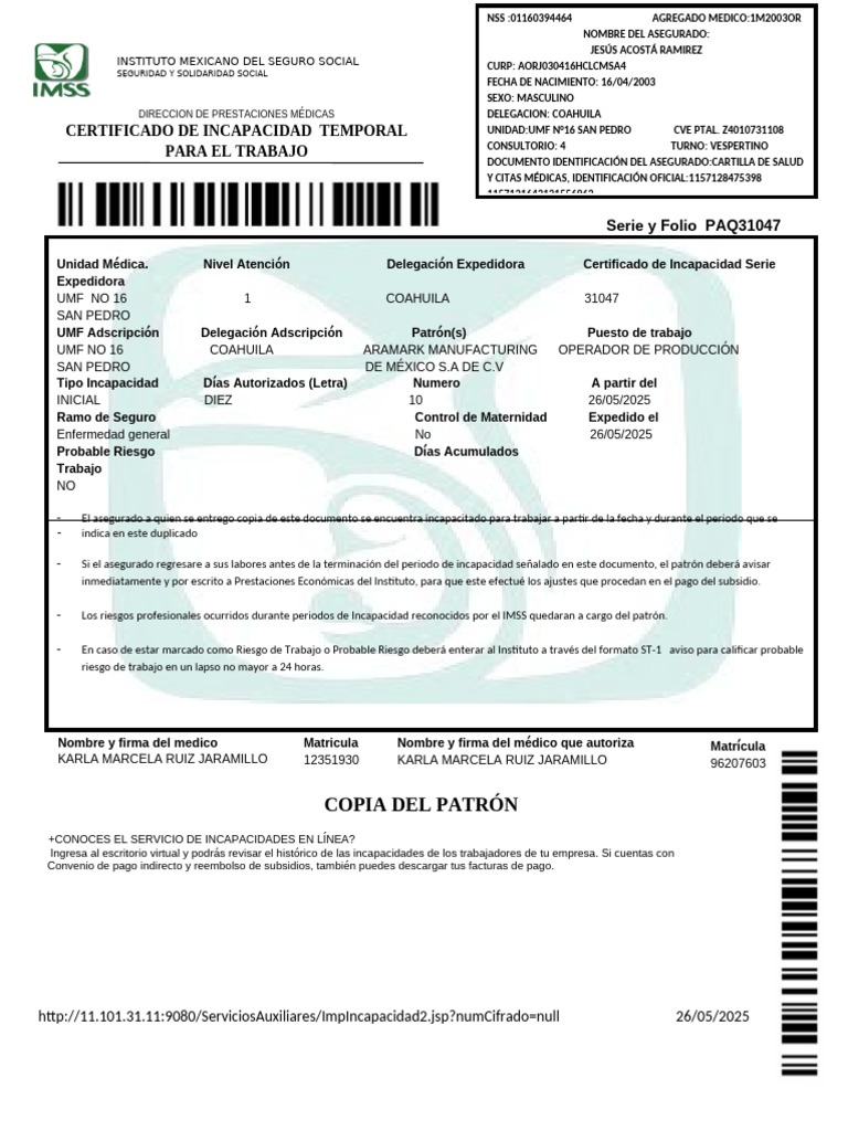 Certificado de Incapacidad IMSS | PDF