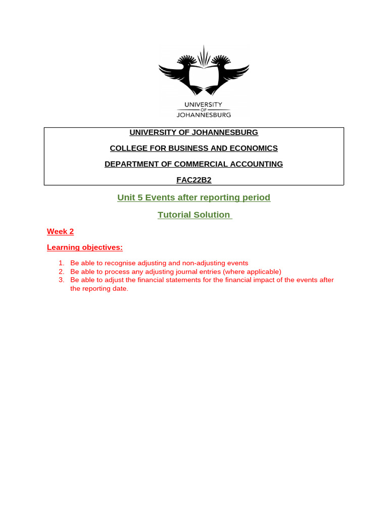 Unit 5 Events After Reporting Period Tutorial Solution Week 2 Final ...