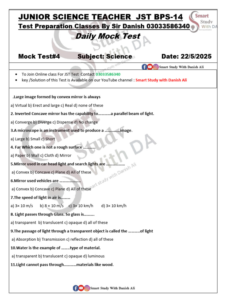 Science Mock Test for JST Preparation | PDF | Lever | Mirror