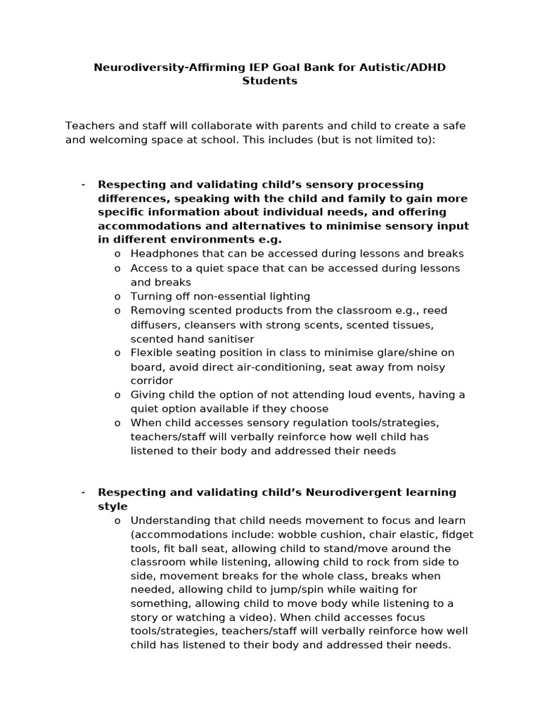Neurodiversity IEP Goals for Autism/ADHD | PDF | Autism | Executive ...