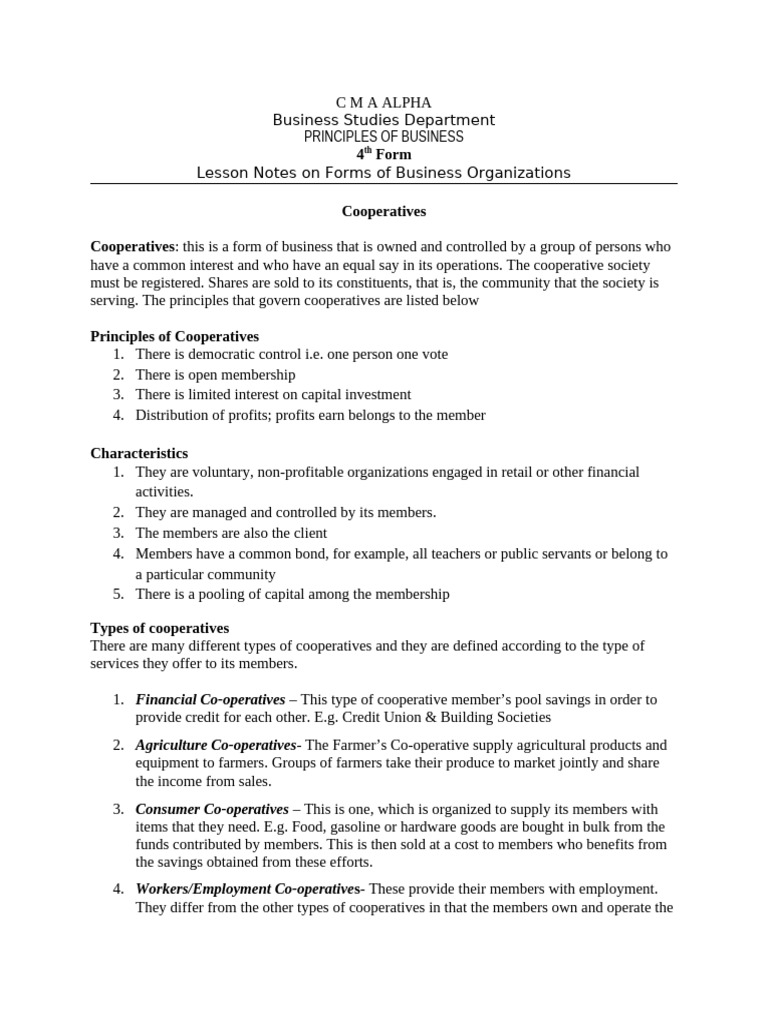 Lesson Notes - Forms of Business Organization - Cooperatives | PDF ...