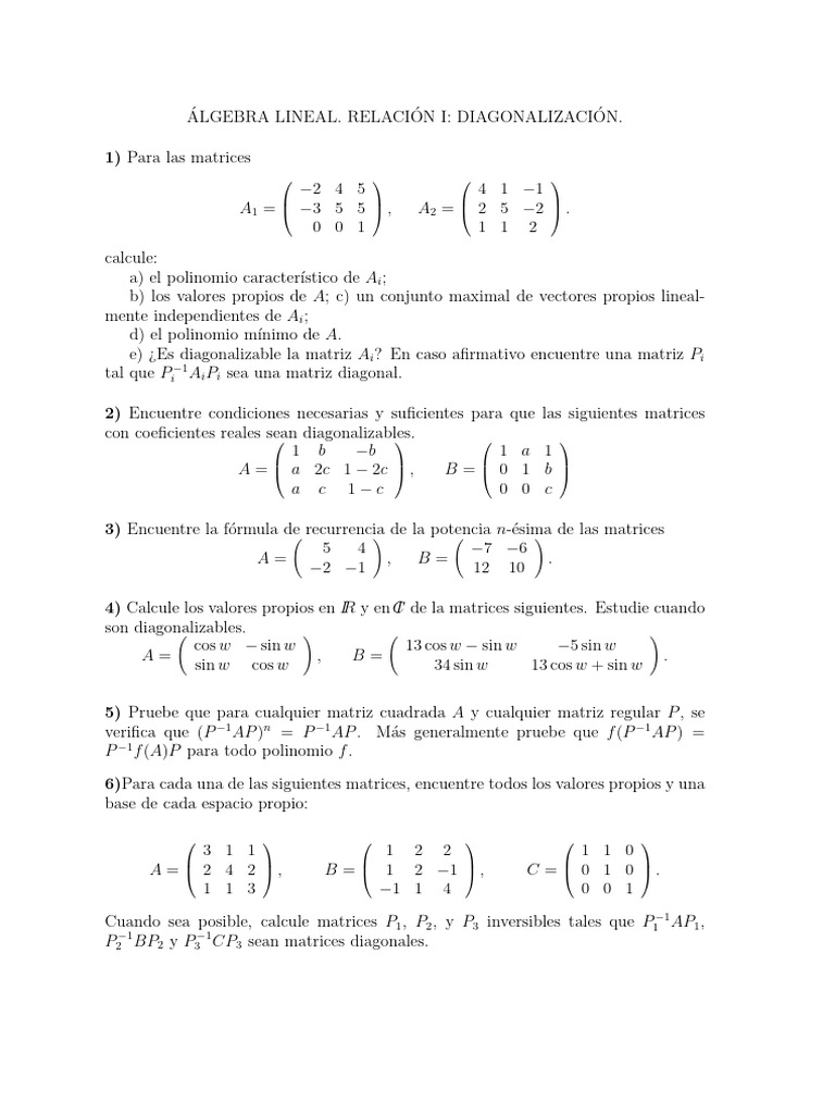 1problemas Diagonalizacion | PDF | Valores propios y vectores propios ...