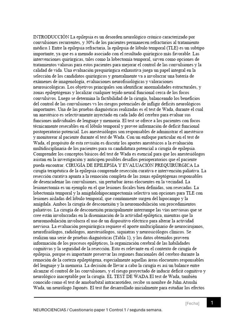 Importancia del Test de Wada en Epilepsia | PDF | Epilepsia | Sistema ...