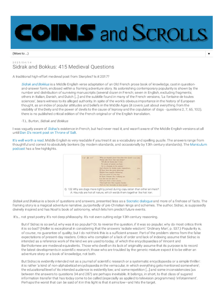 Coins and Scrolls - Sidrak and Bokkus - 415 Medieval Questions | PDF ...