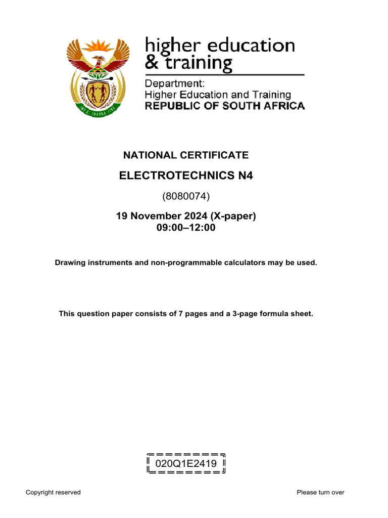t530 Electrotechnics n4 QP Nov 2024 | PDF | Electric Motor | Transformer