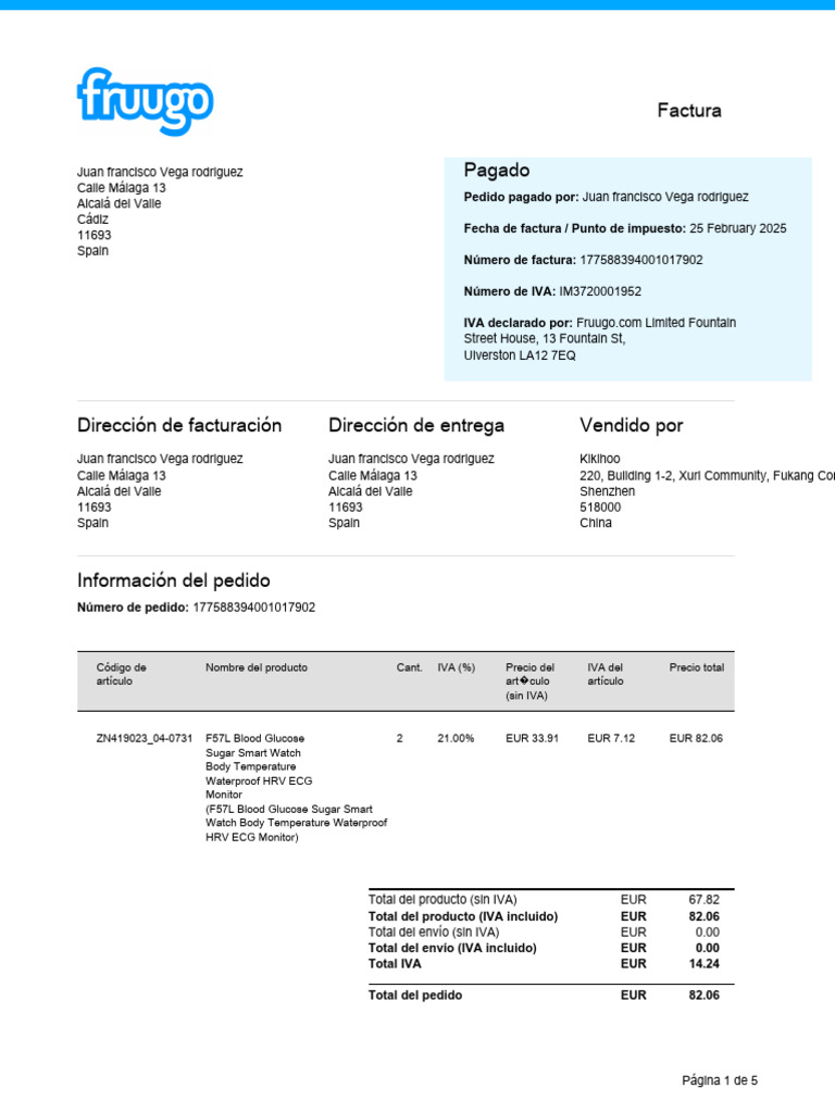 Factura de pedido en Fruugo España | PDF