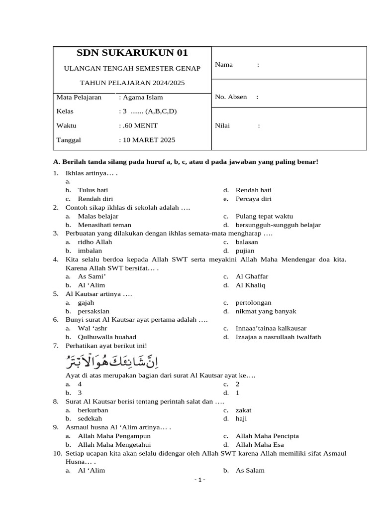 Soal Kelas UTS 2 KELAS 3 | PDF
